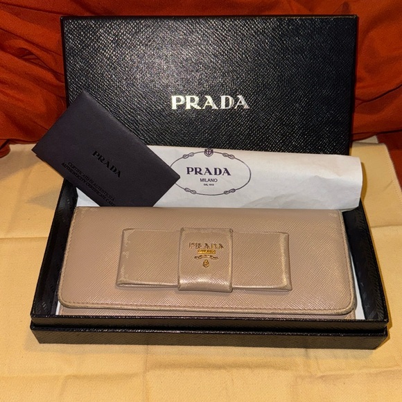 Prada | Bags | Prada Tan Bow Double Snap Long Wallet With Box And ...